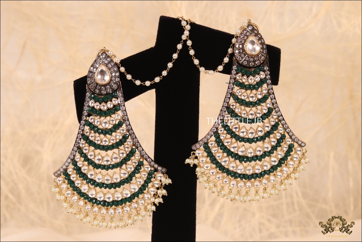 Royal Paasa Kundan CZ Earrings with Ear Chains & Emeralds – The Little ...