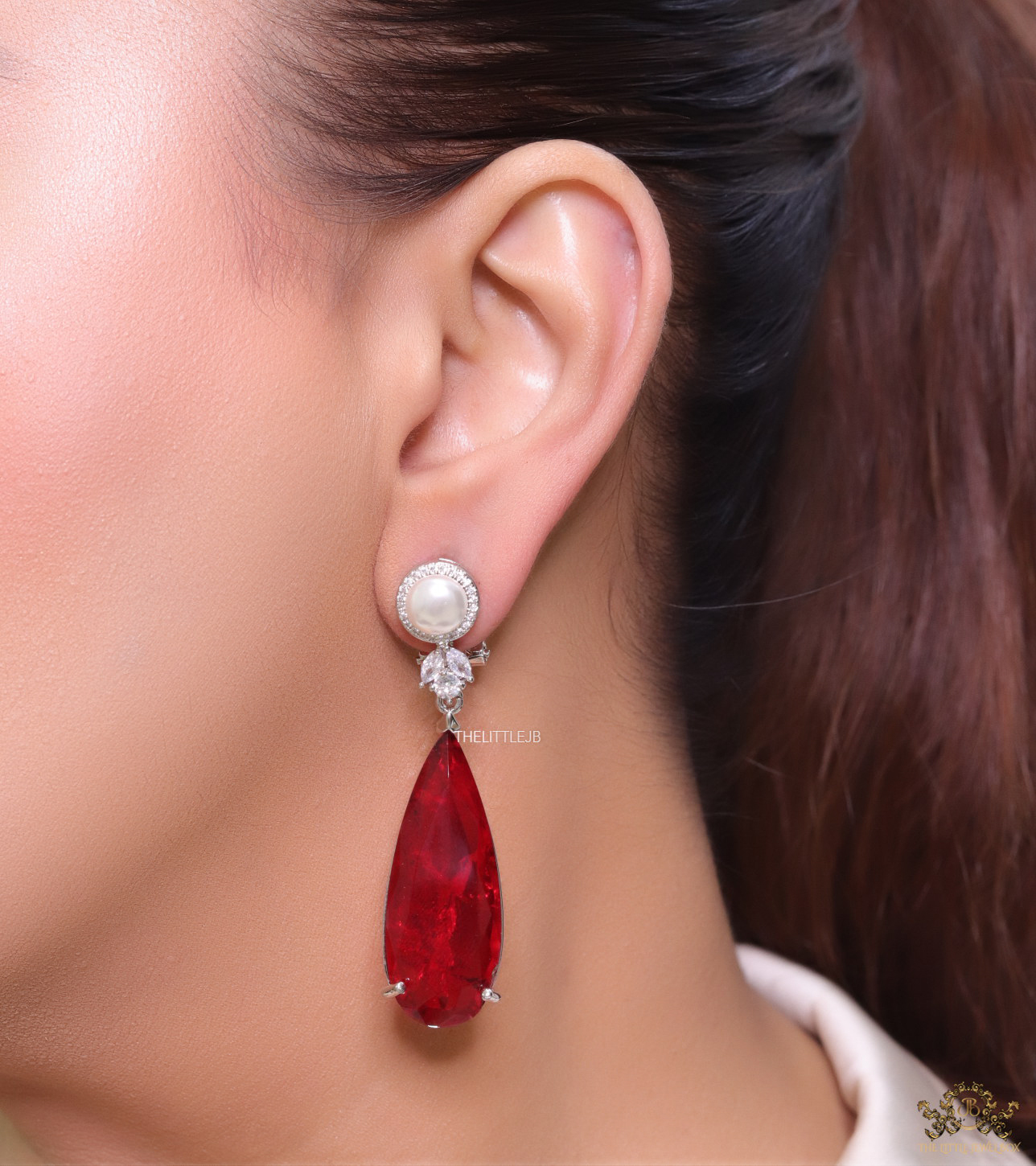 Platinum plated pearl and cz earrings with ruby red drop – The Little ...